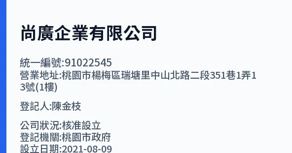 尚廣企業有限公司的照片-統編 91022545(桃園市) 公司登記資料與營業項目詳細圖表