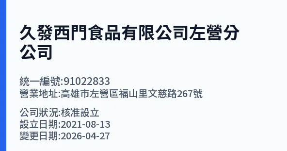 久發西門食品有限公司左營分公司的照片-統編 91022833(高雄市) 公司登記資料與營業項目詳細圖表
