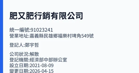 肥又肥行銷有限公司的照片-統編 91023241(嘉義縣) 公司登記資料與營業項目詳細圖表