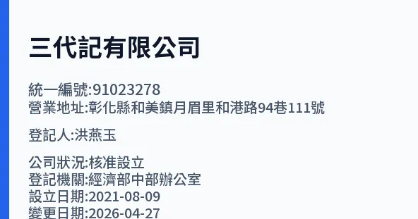 三代記有限公司的照片-統編 91023278(彰化縣) 公司登記資料與營業項目詳細圖表