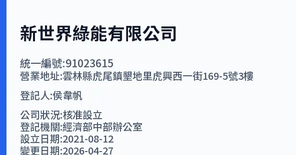 新世界綠能有限公司的照片-統編 91023615(雲林縣) 公司登記資料與營業項目詳細圖表