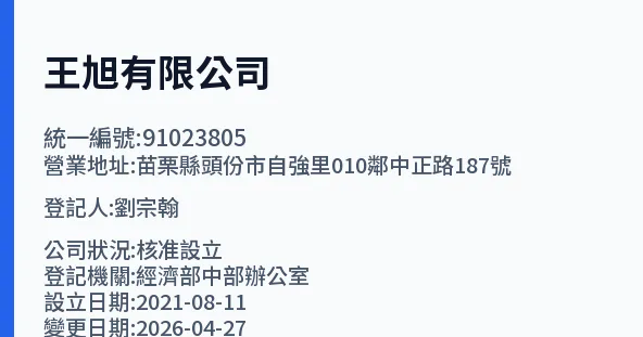 王旭有限公司的照片-統編 91023805(苗栗縣) 公司登記資料與營業項目詳細圖表