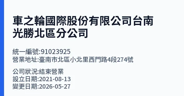 車之輪國際股份有限公司台南光勝北區分公司的照片-統編 91023925(臺南市) 公司登記資料與營業項目詳細圖表