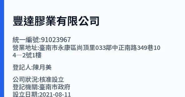 豐達膠業有限公司的照片-統編 91023967(臺南市) 公司登記資料與營業項目詳細圖表