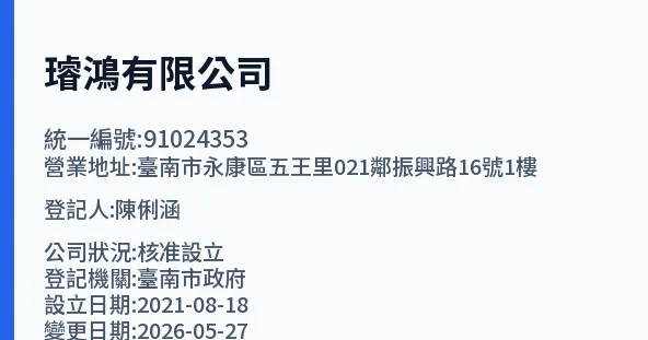 璿鴻有限公司的照片-統編 91024353(臺南市) 公司登記資料與營業項目詳細圖表
