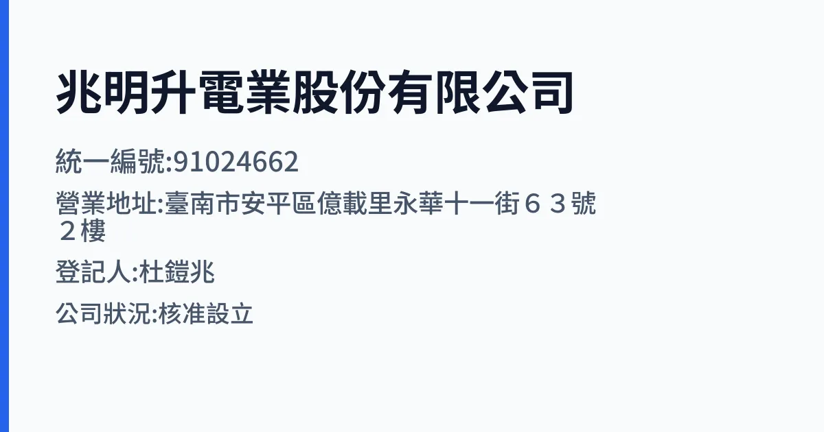兆明升電業股份有限公司 - 統編 91024662(臺南市) 公司登記資料與營業項目詳細圖表