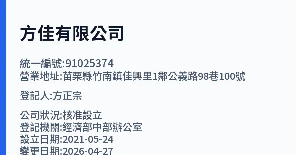 方佳有限公司的照片-統編 91025374(苗栗縣) 公司登記資料與營業項目詳細圖表