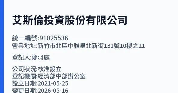 艾斯倫投資股份有限公司的照片-統編 91025536(新竹市) 公司登記資料與營業項目詳細圖表
