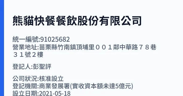 熊貓快餐餐飲股份有限公司的照片-統編 91025682(苗栗縣) 公司登記資料與營業項目詳細圖表