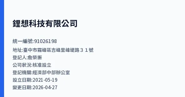 鋰想科技有限公司的照片-統編 91026198(臺中市) 公司登記資料與營業項目詳細圖表