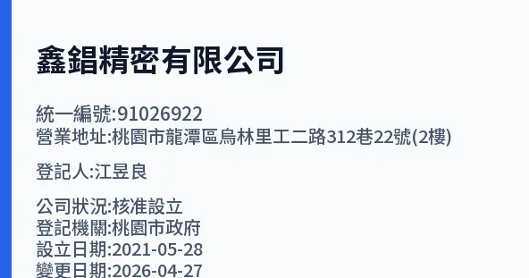 鑫錩精密有限公司的照片-統編 91026922(桃園市) 公司登記資料與營業項目詳細圖表