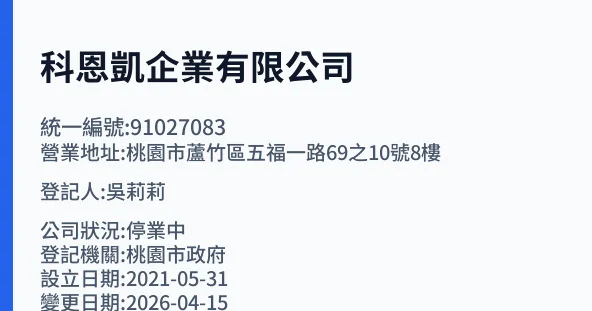 科恩凱企業有限公司的照片-統編 91027083(桃園市) 公司登記資料與營業項目詳細圖表