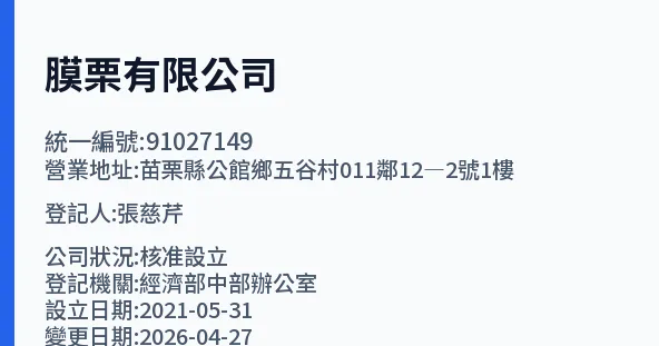 膜栗有限公司的照片-統編 91027149(苗栗縣) 公司登記資料與營業項目詳細圖表