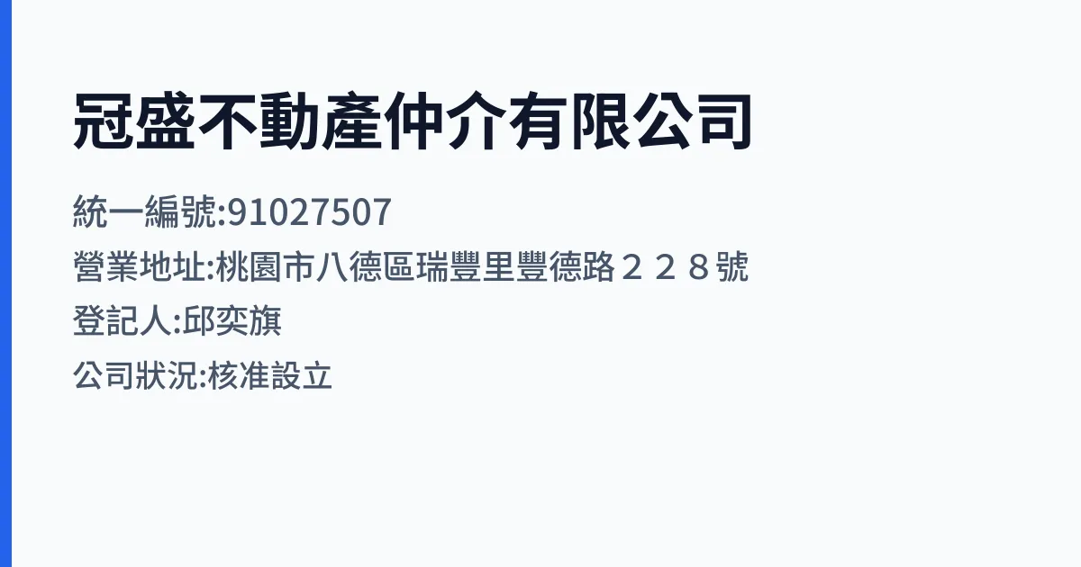 冠盛不動產仲介有限公司 - 統編 91027507(桃園市) 公司登記資料與營業項目詳細圖表