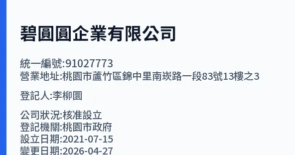 碧圓圓企業有限公司的照片-統編 91027773(桃園市) 公司登記資料與營業項目詳細圖表