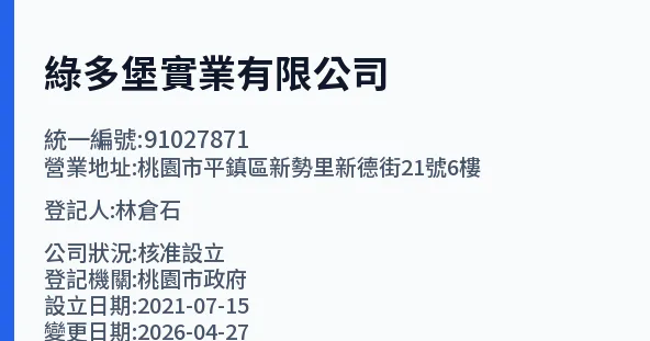 綠多堡實業有限公司的照片-統編 91027871(桃園市) 公司登記資料與營業項目詳細圖表