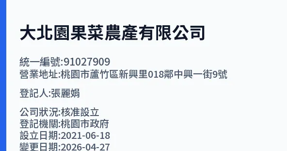 大北園果菜農產有限公司的照片-統編 91027909(桃園市) 公司登記資料與營業項目詳細圖表