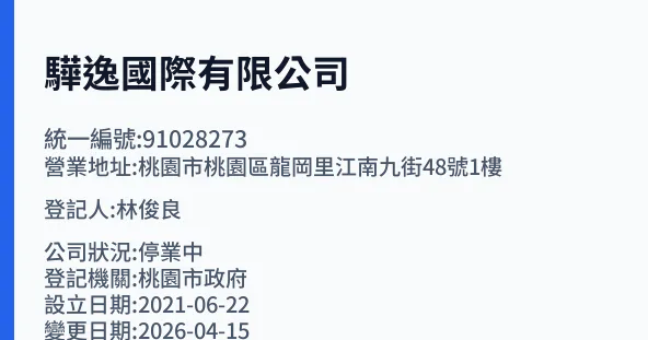 驊逸國際有限公司的照片-統編 91028273(桃園市) 公司登記資料與營業項目詳細圖表