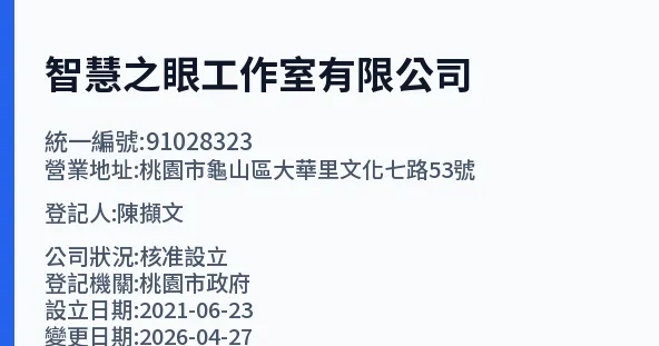 智慧之眼工作室有限公司的照片-統編 91028323(桃園市) 公司登記資料與營業項目詳細圖表