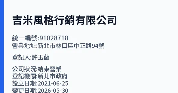 吉米風格行銷有限公司的照片-統編 91028718(新北市) 公司登記資料與營業項目詳細圖表
