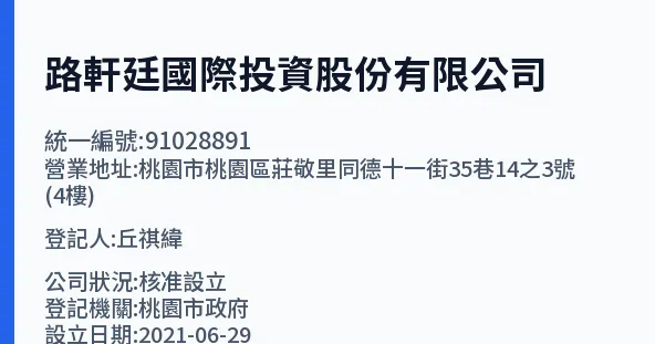 路軒廷國際投資股份有限公司的照片-統編 91028891(桃園市) 公司登記資料與營業項目詳細圖表