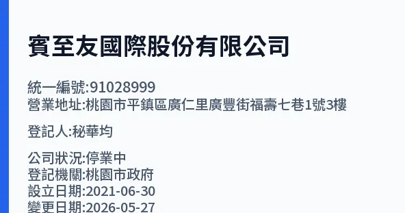 賓至友國際股份有限公司的照片-統編 91028999(桃園市) 公司登記資料與營業項目詳細圖表