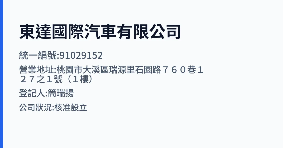 東達國際汽車有限公司 - 統編 91029152(桃園市) 公司登記資料與營業項目詳細圖表