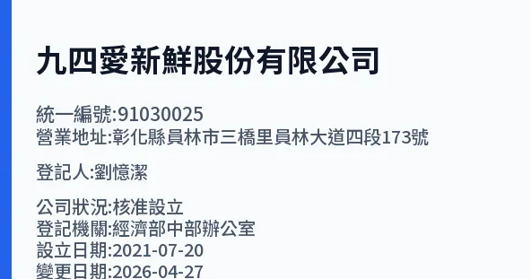 九四愛新鮮股份有限公司的照片-統編 91030025(彰化縣) 公司登記資料與營業項目詳細圖表