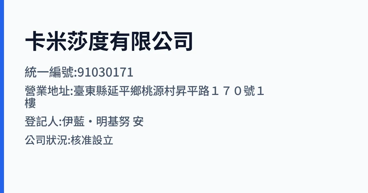 卡米莎度有限公司 - 統編 91030171(臺東縣) 公司登記資料與營業項目詳細圖表