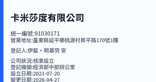 卡米莎度有限公司的照片-統編 91030171(臺東縣) 公司登記資料與營業項目詳細圖表
