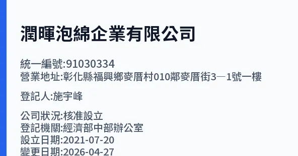 潤暉泡綿企業有限公司的照片-統編 91030334(彰化縣) 公司登記資料與營業項目詳細圖表