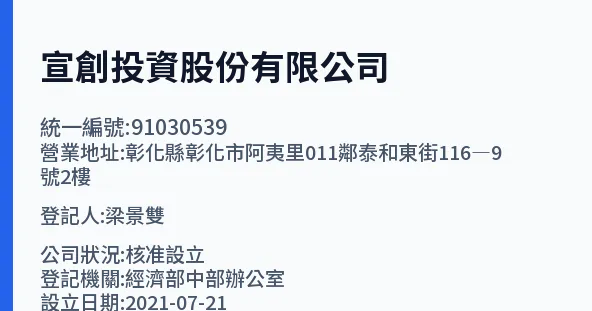 宣創投資股份有限公司的照片-統編 91030539(彰化縣) 公司登記資料與營業項目詳細圖表