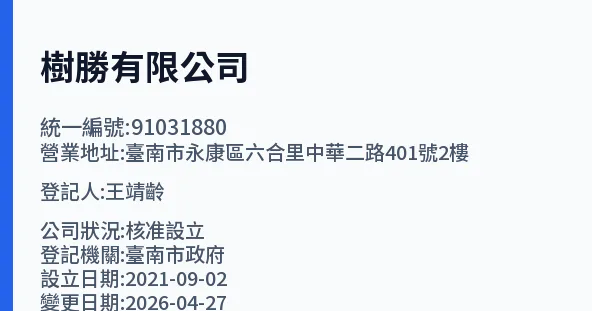 樹勝有限公司的照片-統編 91031880(臺南市) 公司登記資料與營業項目詳細圖表