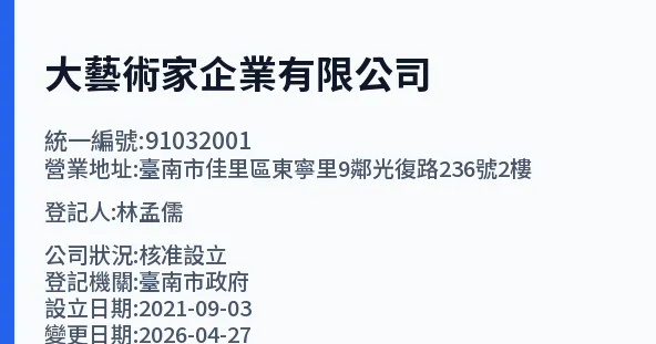 大藝術家企業有限公司的照片-統編 91032001(臺南市) 公司登記資料與營業項目詳細圖表