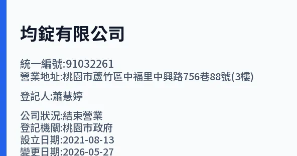 均錠有限公司的照片-統編 91032261(桃園市) 公司登記資料與營業項目詳細圖表