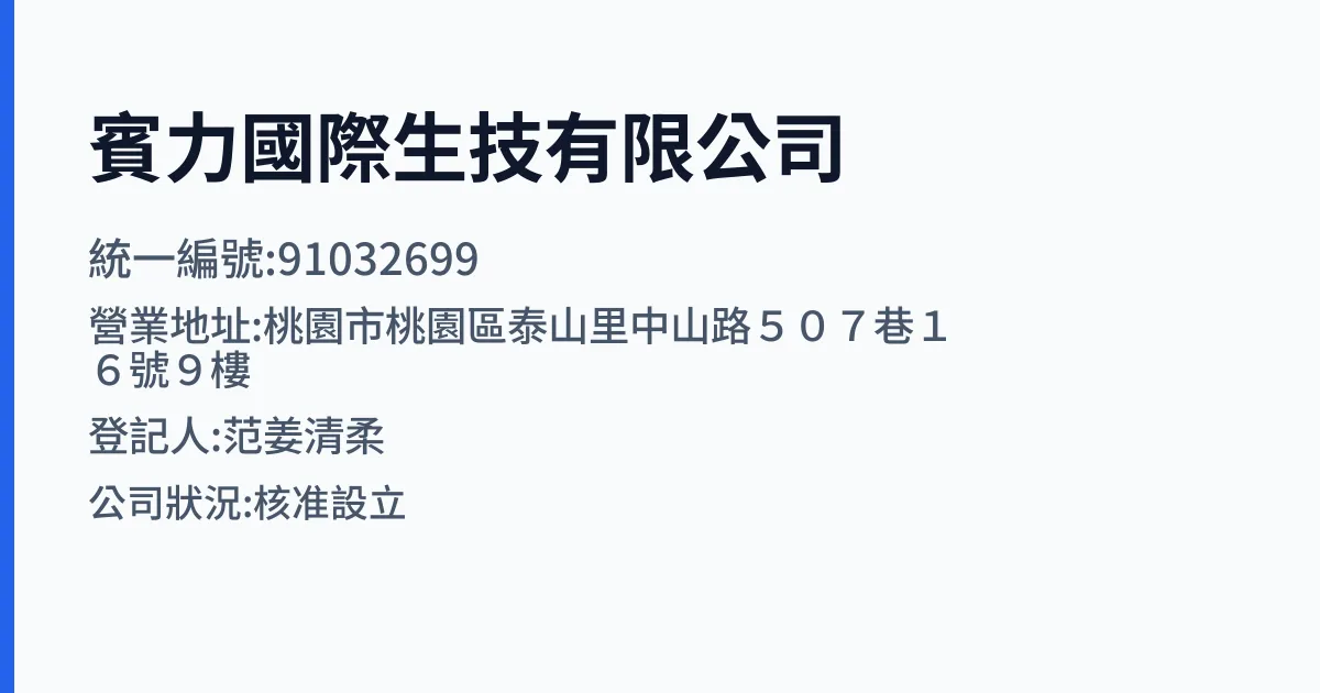賓力國際生技有限公司 - 統編 91032699(桃園市) 公司登記資料與營業項目詳細圖表