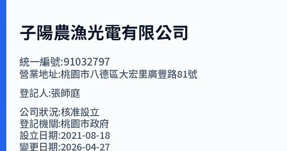 子陽農漁光電有限公司的照片-統編 91032797(桃園市) 公司登記資料與營業項目詳細圖表