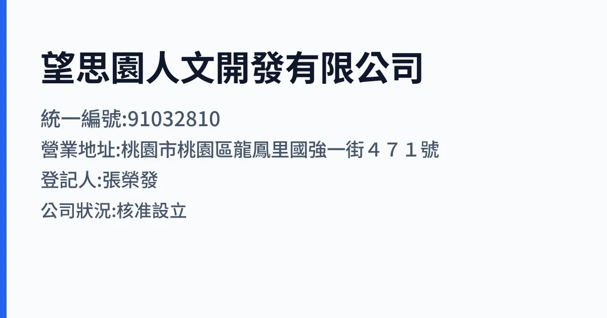 望思園人文開發有限公司 - 統編 91032810(桃園市) 公司登記資料與營業項目詳細圖表