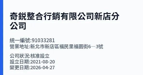 奇鋭整合行銷有限公司新店分公司的照片-統編 91033281(新北市) 公司登記資料與營業項目詳細圖表