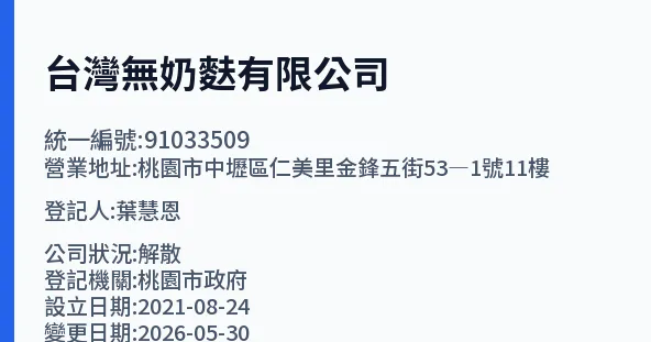 台灣無奶麩有限公司的照片-統編 91033509(桃園市) 公司登記資料與營業項目詳細圖表