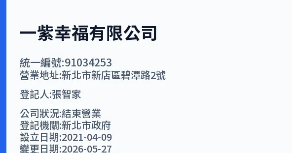 一紫幸福有限公司的照片-統編 91034253(新北市) 公司登記資料與營業項目詳細圖表