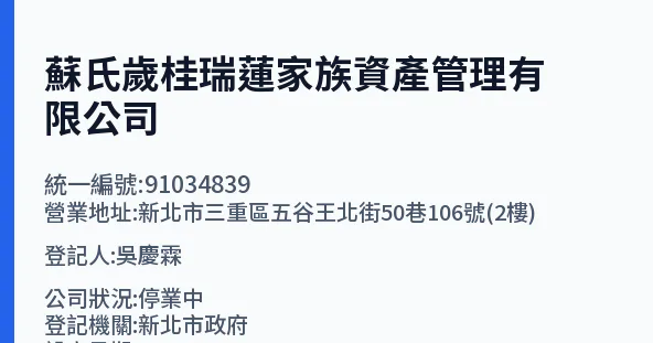 蘇氏歲桂瑞蓮家族資產管理有限公司的照片-統編 91034839(新北市) 公司登記資料與營業項目詳細圖表