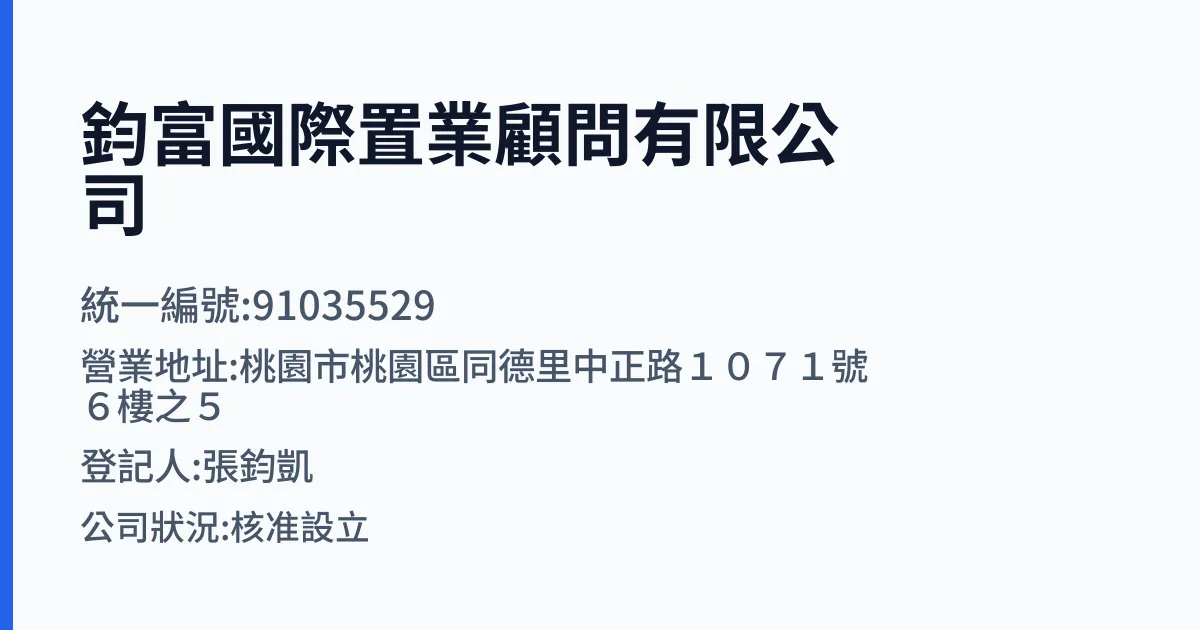 鈞富國際置業顧問有限公司 - 統編 91035529(桃園市) 公司登記資料與營業項目詳細圖表