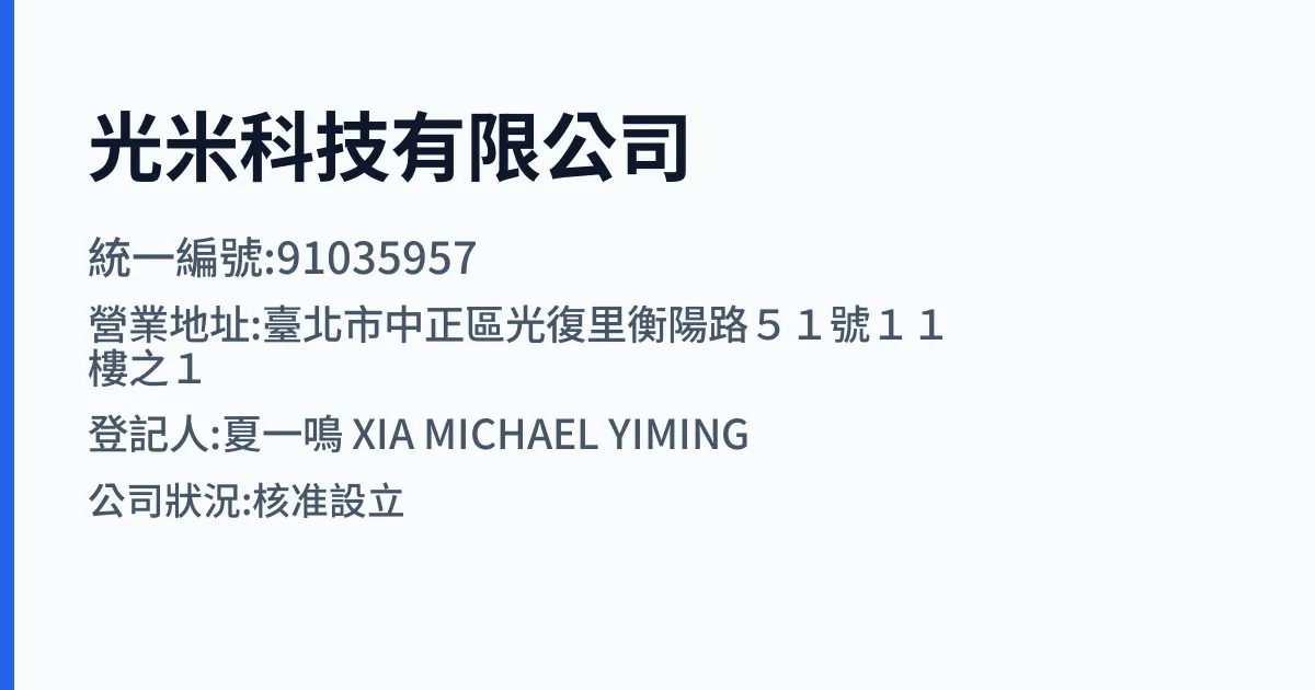 光米科技有限公司 - 統編 91035957(臺北市) 公司登記資料與營業項目詳細圖表