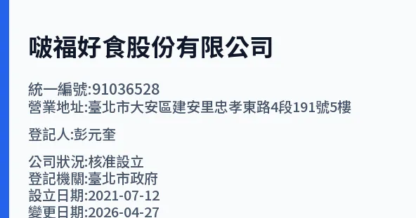 啵福好食股份有限公司的照片-統編 91036528(臺北市) 公司登記資料與營業項目詳細圖表
