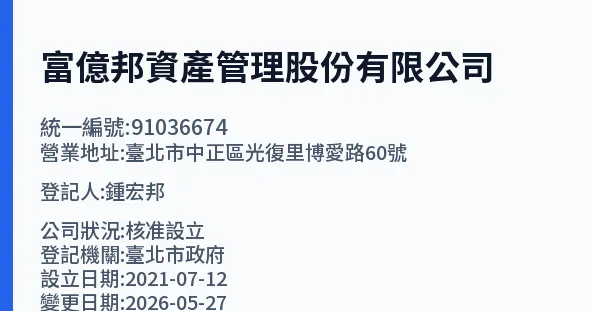 富億邦資產管理股份有限公司的照片-統編 91036674(臺北市) 公司登記資料與營業項目詳細圖表