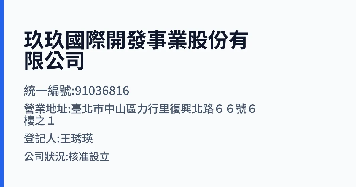 玖玖國際開發事業股份有限公司 - 統編 91036816(臺北市) 公司登記資料與營業項目詳細圖表