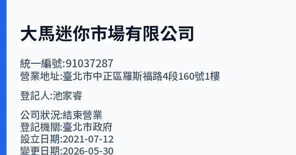 大馬迷你市場有限公司的照片-統編 91037287(臺北市) 公司登記資料與營業項目詳細圖表