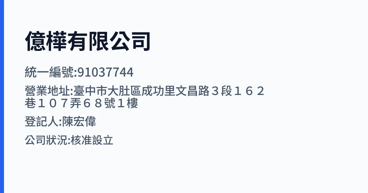 億樺有限公司 - 統編 91037744(臺中市) 公司登記資料與營業項目詳細圖表