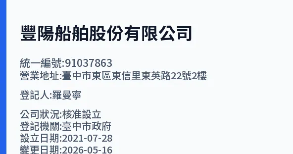 豐陽船舶股份有限公司的照片-統編 91037863(臺中市) 公司登記資料與營業項目詳細圖表